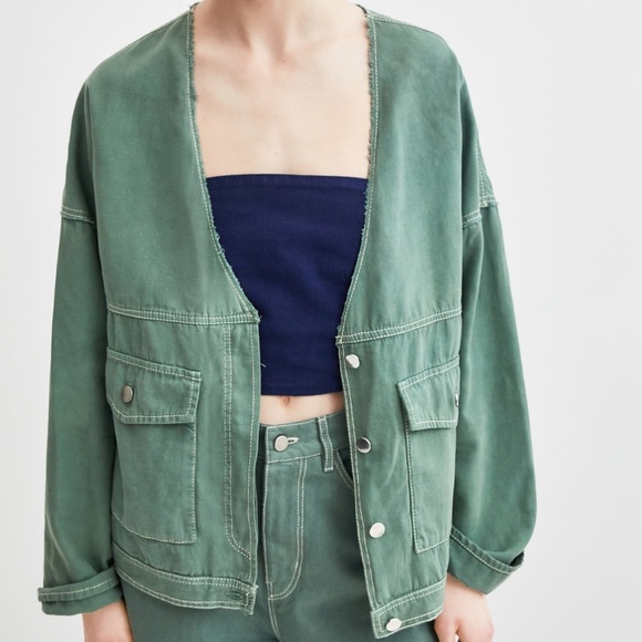 Zara | Tops | Zara Green Jean Jackettop | Poshmark